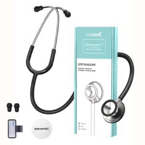 fricare dual head stethoscope - stethoscopes for nurses, medical students - classic estetoscopio emt/cma study kit accessories, stethomedic essentials, prompt customer care, mirror black tube, 30 inch