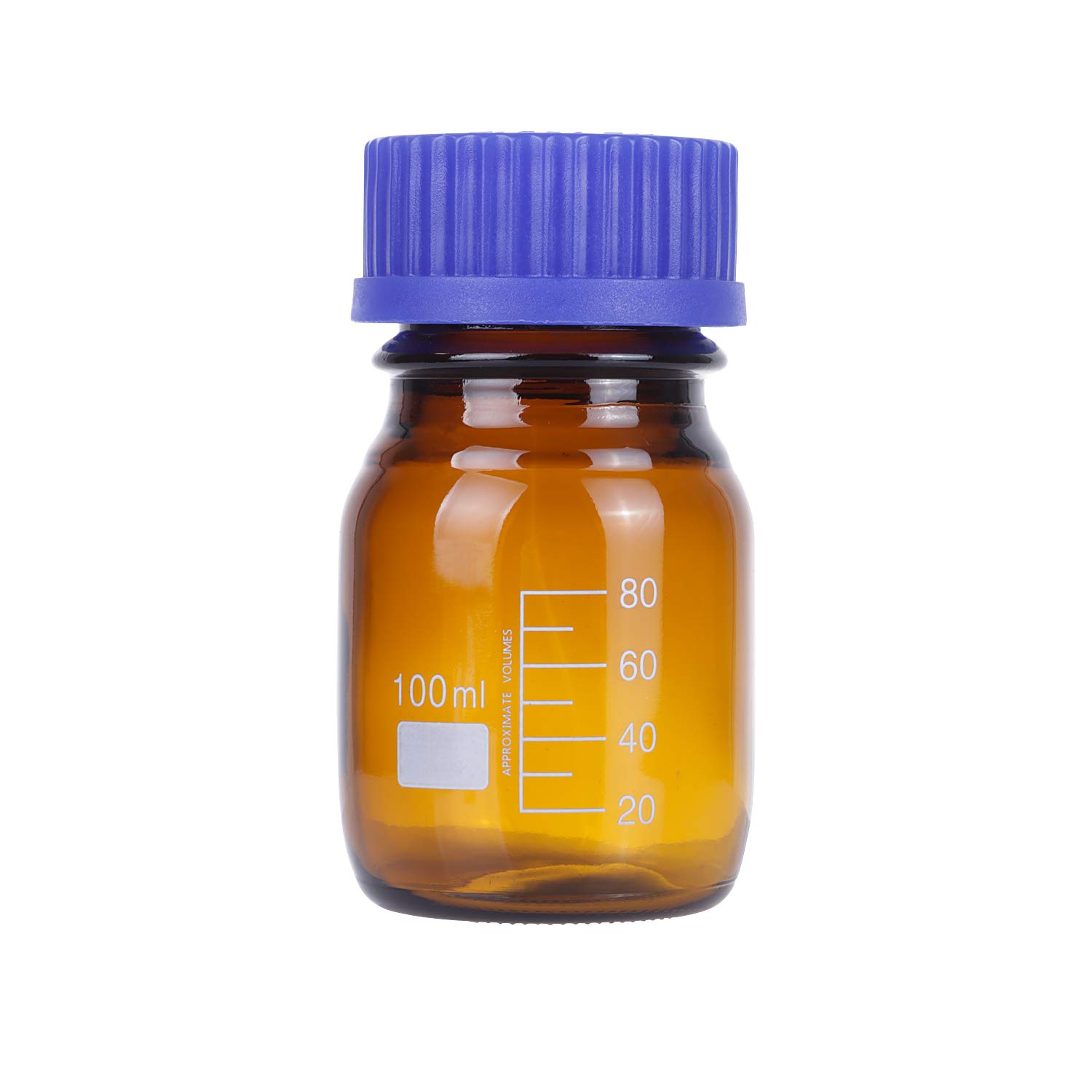 Moonetto 20 Pack Amber Borosilicate Glass 100 mL Graduated Round Lab Media Storage Bottle With GL45 Blue Screw Cap