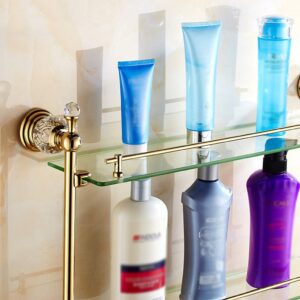 Floating Shelves Double Glass Shelf,Antique Shower Room Kitchen Storage Rack,Durable,Convenient to Clean The Bath Towel Rack (Color : Gold)