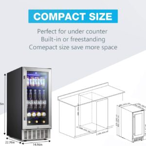 Antarctic Star 15 Inch Beverage Refrigerator Under Counter Built-in Wine Cooler Mini Fridge Clear Glass Door Digital Memory Temperature Control, Beer Soda LED Light, Quiet Operation (15 Inch)