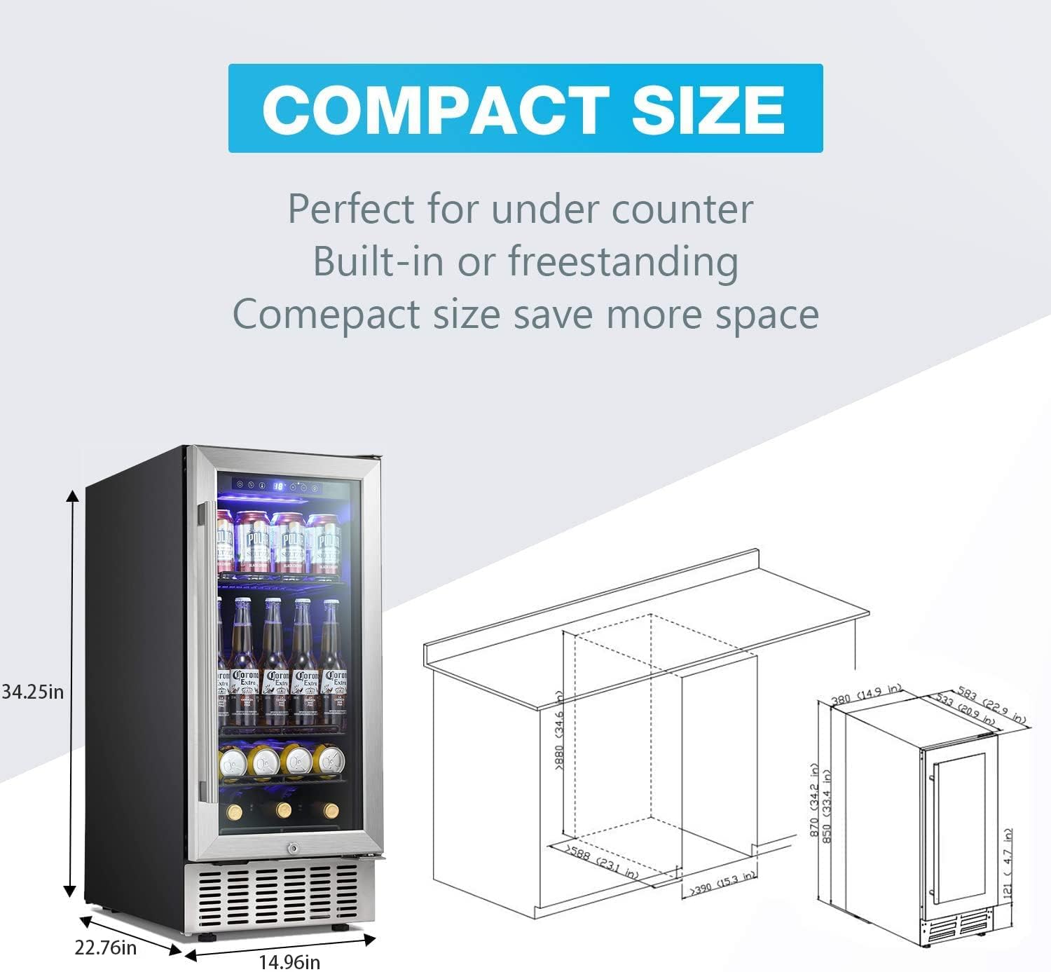 Antarctic Star 15 Inch Beverage Refrigerator Under Counter Built-in Wine Cooler Mini Fridge Clear Glass Door Digital Memory Temperature Control, Beer Soda LED Light, Quiet Operation (15 Inch)