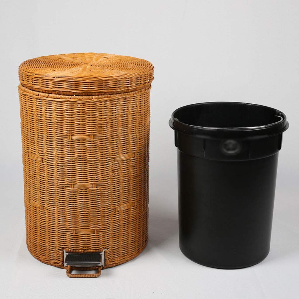 Nordic Creative Natural Rattan Trash Can Slow Down Silent Pedal Garbage Bin with Lid Fashion Country Style Wastebasket (Color : Yellow, Size : 5L)