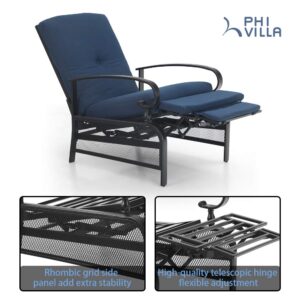 PHI VILLA Outdoor Recliner Chairs with Side Table, Oversized Patio Recliners Outdoor Metal Chaise Lounge Chairs with Removable Cushion for Garden, Poolside, Deck, Blue