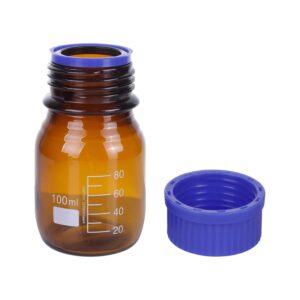 Moonetto 20 Pack Amber Borosilicate Glass 100 mL Graduated Round Lab Media Storage Bottle With GL45 Blue Screw Cap