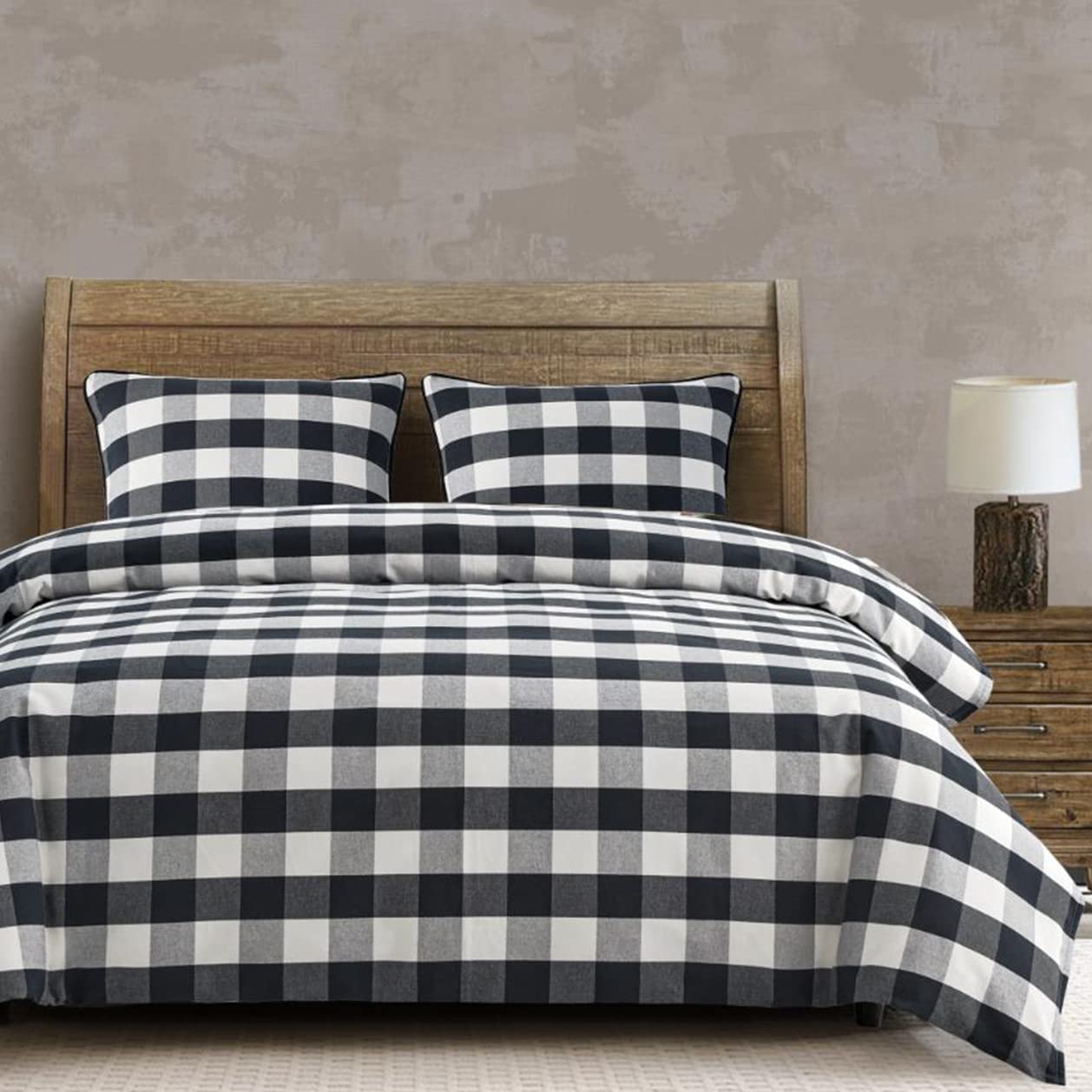 HiEnd Accents Camille 3 Piece Duvet Set with Pillow Shams, Black and Natural Buffalo Check, Super Queen Size, Plaid Farmhouse Rustic Style Luxury Bedding Set, 1 Duvet and 2 Pillowcases