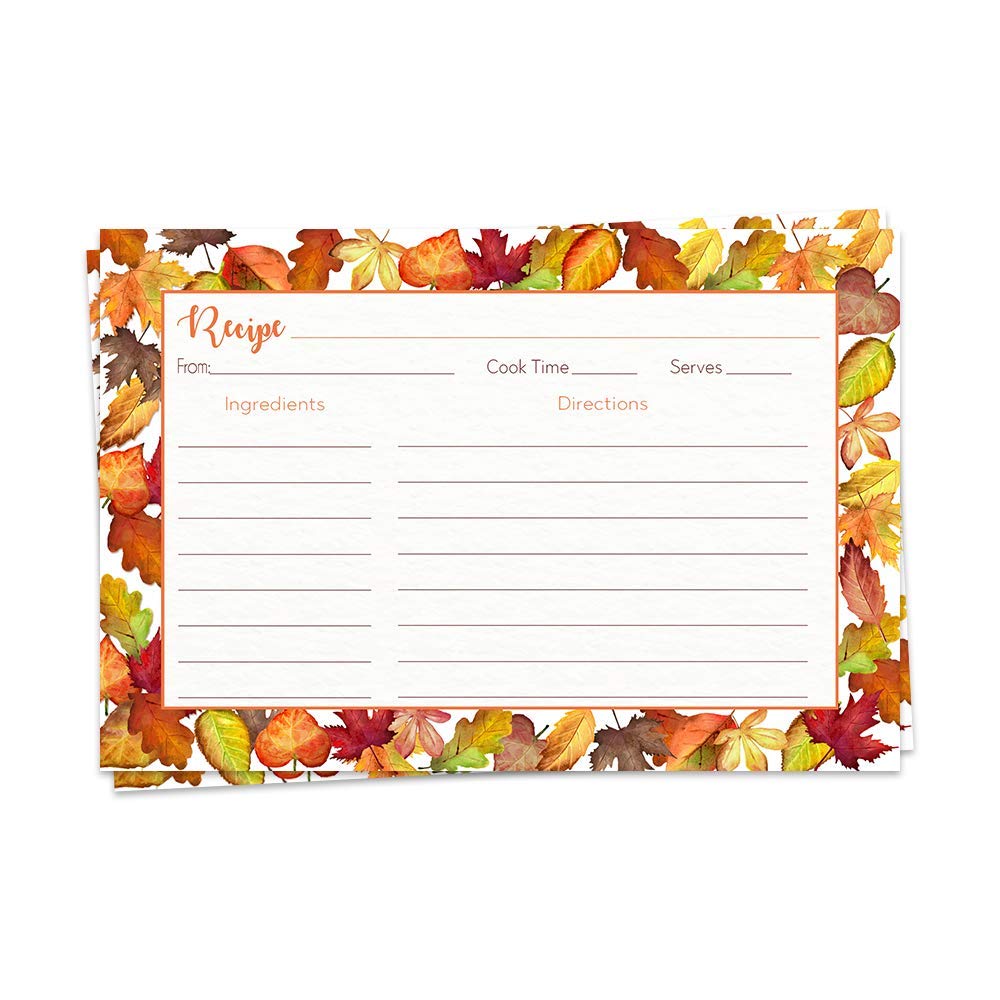 Recipe Cards 4x6 Double Sided 50 count Autumn Fall Leaves Watercolor Bridal Shower Wedding Housewarming Gift Idea Stationary Keepsake (50 Count)