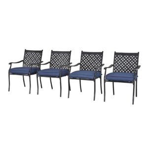 festival depot 4 piece outdoor patio furniture outdoor wrought iron dining chairs set for porch lawn garden balcony pool backyard with arms and cushions (4pcs) (blue)