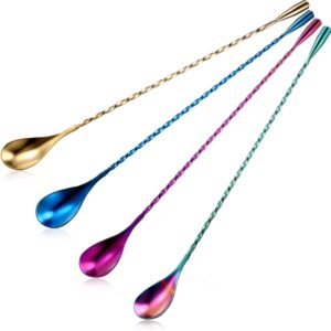 4 pieces cocktail spoon bar stirring spoon long handle stainless steel spiral pattern cocktail mixing shaker spoon, 12 inch, 4 colors (multicolor, blue, purple, champagne)