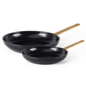 greenpan reserve hard anodized healthy ceramic nonstick 8" and 10" frying pan skillet set, gold handle, dishwasher safe, oven safe, black