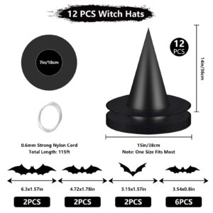 Tmflexe 12pcs Halloween Witch Hats + 12pcs 3D Bats Stickers - Costume Accessories for Parties, Cosplay, Carnivals, Holidays