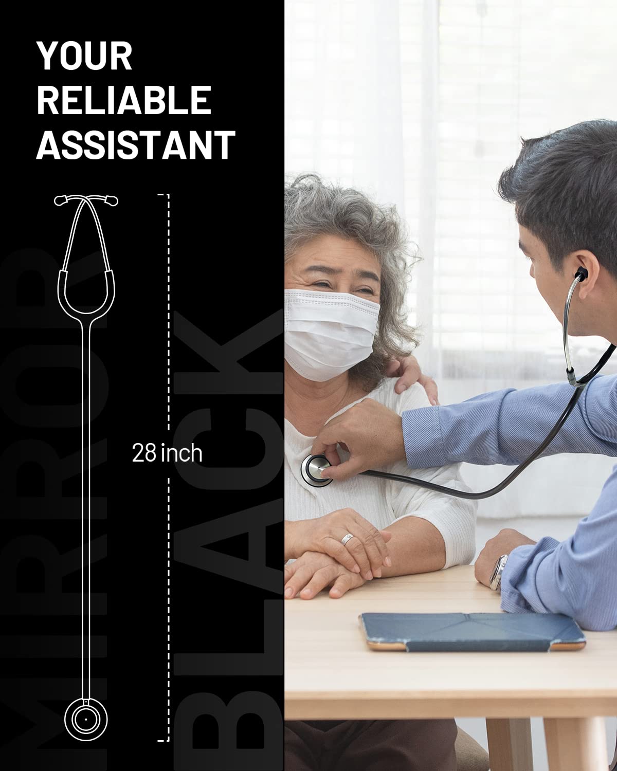 FriCARE Dual Head Stethoscope - Stethoscopes for Nurses, Medical Students - Classic Estetoscopio EMT/CMA Study Kit Accessories, StethoMedic Essentials, Prompt Customer Care, Mirror Black Tube, 30 inch