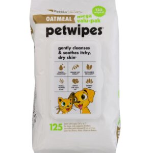 Petkin Mega Val-Pak Pet Wipes, 125 Wipes - Oatmeal Pet Wipes for Dogs and Cats - for Face, Paws, Ears, Body and Eye Area - Super Convenient Dog Cleaning Wipes, Ideal for Home or Travel - Easy to Use