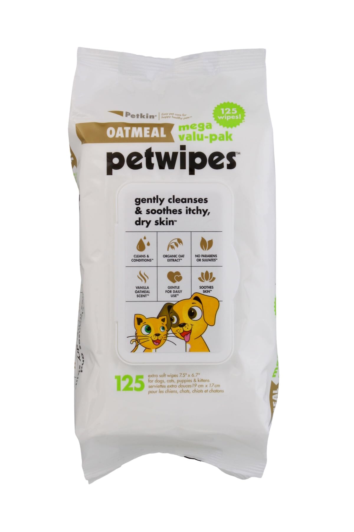 Petkin Mega Val-Pak Pet Wipes, 125 Wipes - Oatmeal Pet Wipes for Dogs and Cats - for Face, Paws, Ears, Body and Eye Area - Super Convenient Dog Cleaning Wipes, Ideal for Home or Travel - Easy to Use