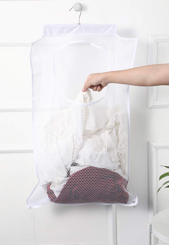 Dearjana Door-Hanging Mesh Laundry Hamper Bag, Space Saving Corner Small Laundry Basket Dirty Clothes Hamper with Rotating Metal Hanger for Apartment, RV, Camper, Cabin, College Dorm Use(White)