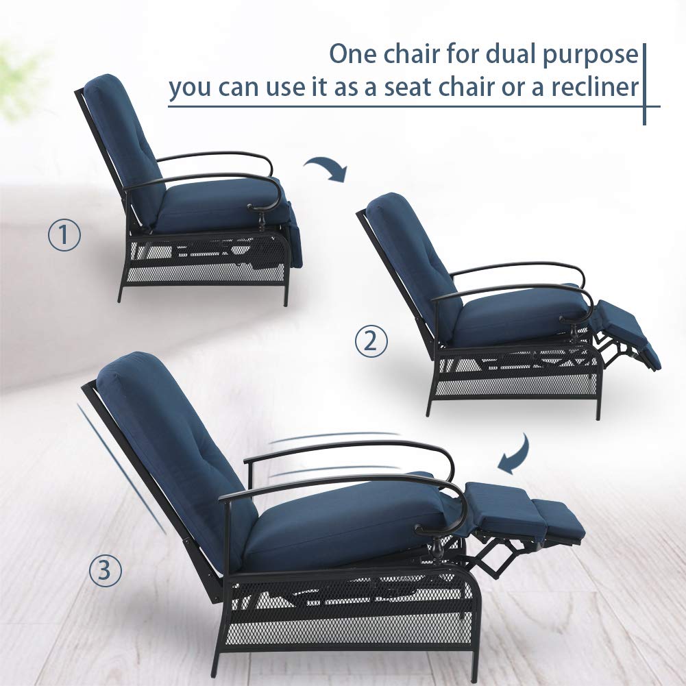 PHI VILLA Outdoor Recliner Chairs with Side Table, Oversized Patio Recliners Outdoor Metal Chaise Lounge Chairs with Removable Cushion for Garden, Poolside, Deck, Blue