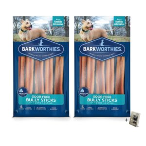 barkworthies odor free bully sticks - 2 pack (5 ct 6 inch) premium long lasting, protein-packed, grain free dog treats and dog chews for aggressive chewers - promotes healthy teeth for dogs - e-book