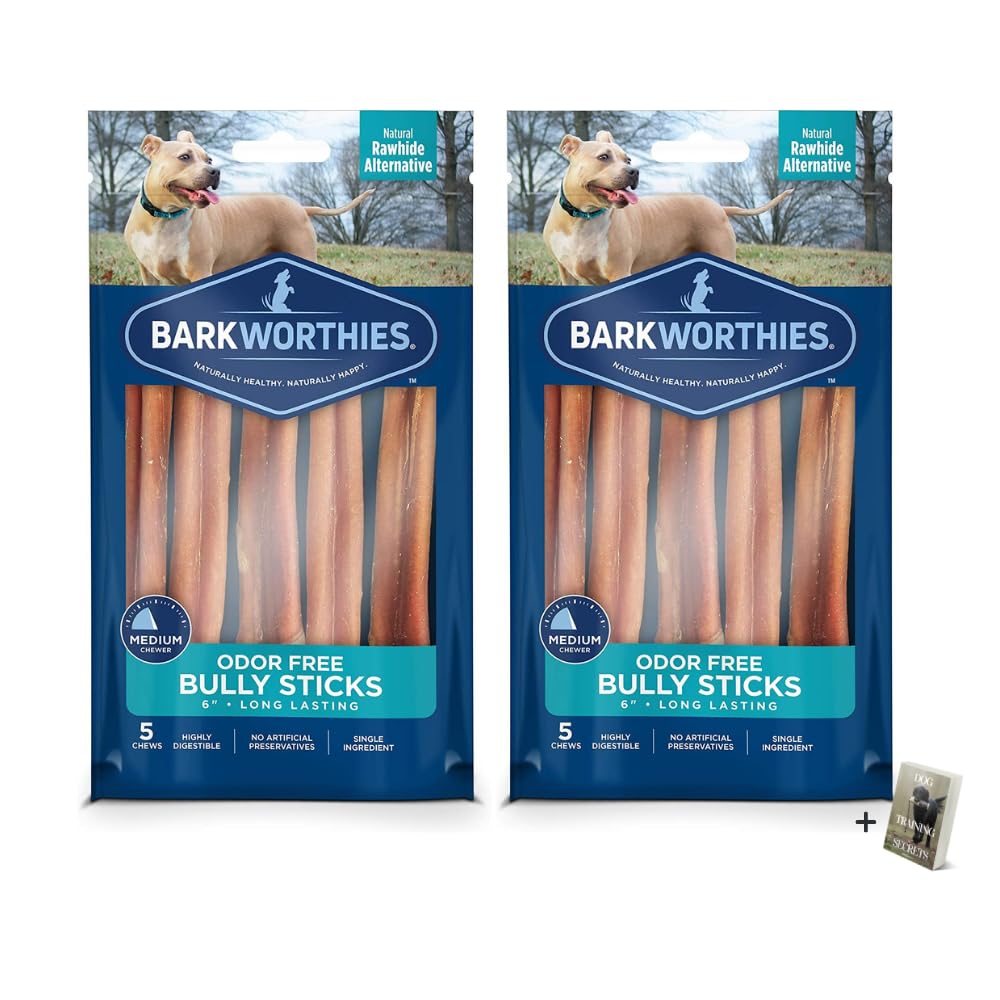 Barkworthies Odor Free Bully Sticks - 2 Pack (5 ct 6 inch) Premium Long Lasting, Protein-Packed, Grain Free Dog Treats and Dog Chews for Aggressive Chewers - Promotes Healthy Teeth for Dogs - E-Book