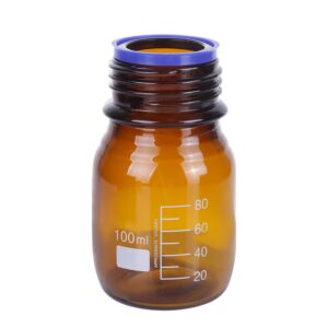 Moonetto 20 Pack Amber Borosilicate Glass 100 mL Graduated Round Lab Media Storage Bottle With GL45 Blue Screw Cap