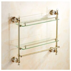 floating shelves double glass shelf,antique shower room kitchen storage rack,durable,convenient to clean the bath towel rack (color : gold)