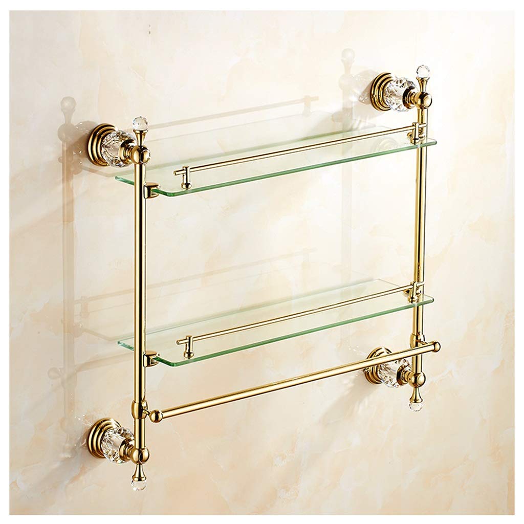 Floating Shelves Double Glass Shelf,Antique Shower Room Kitchen Storage Rack,Durable,Convenient to Clean The Bath Towel Rack (Color : Gold)