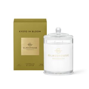 glasshouse fragrances kyoto in bloom candle, triple scented natural soy wax blend, 2 wicks & glass jar, 65 hour burn time, camellia & lotus, 13.4 oz (380g)