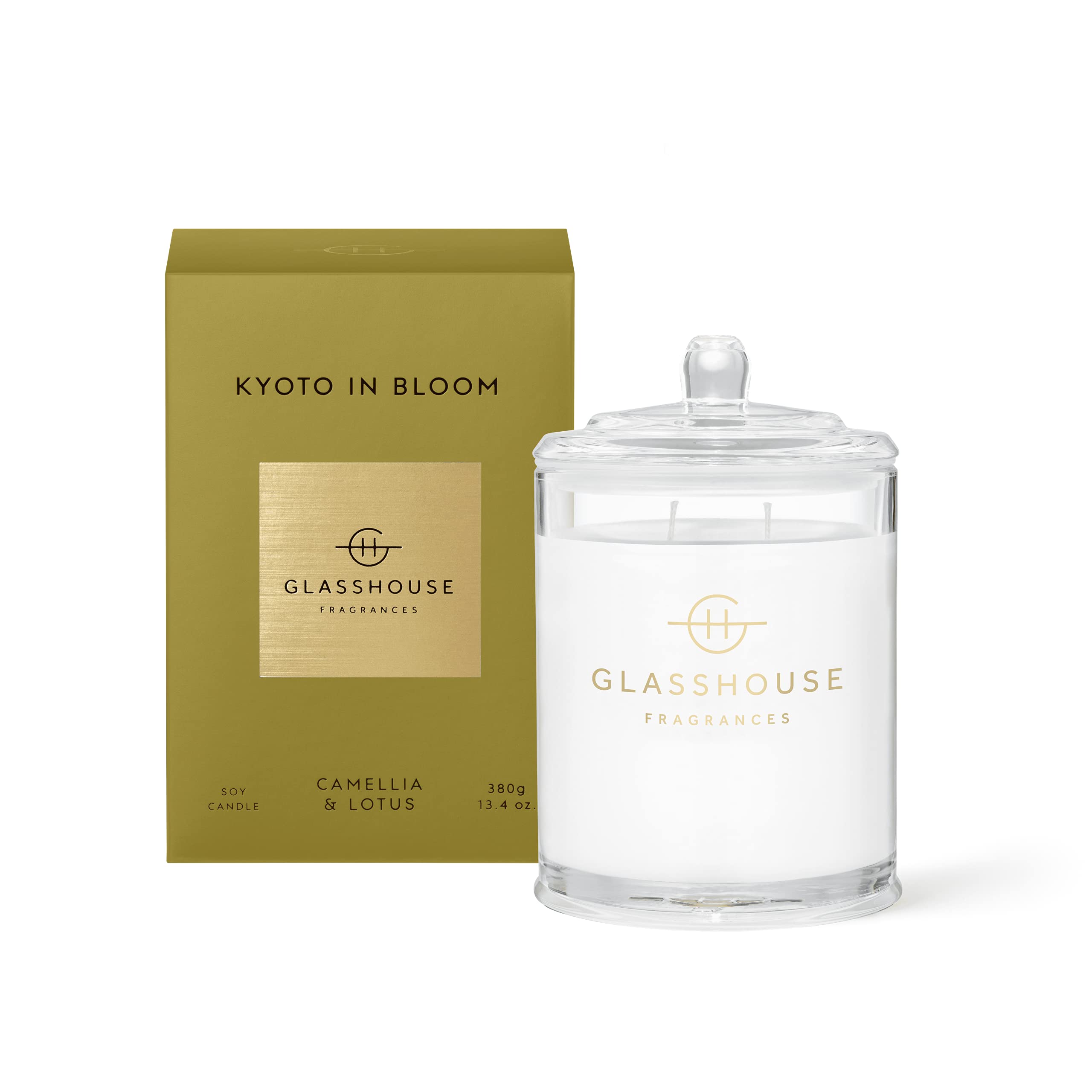 Glasshouse Fragrances Kyoto in Bloom Candle, Triple Scented Natural Soy Wax Blend, 2 Wicks & Glass Jar, 65 Hour Burn Time, Camellia & Lotus, 13.4 Oz (380g)