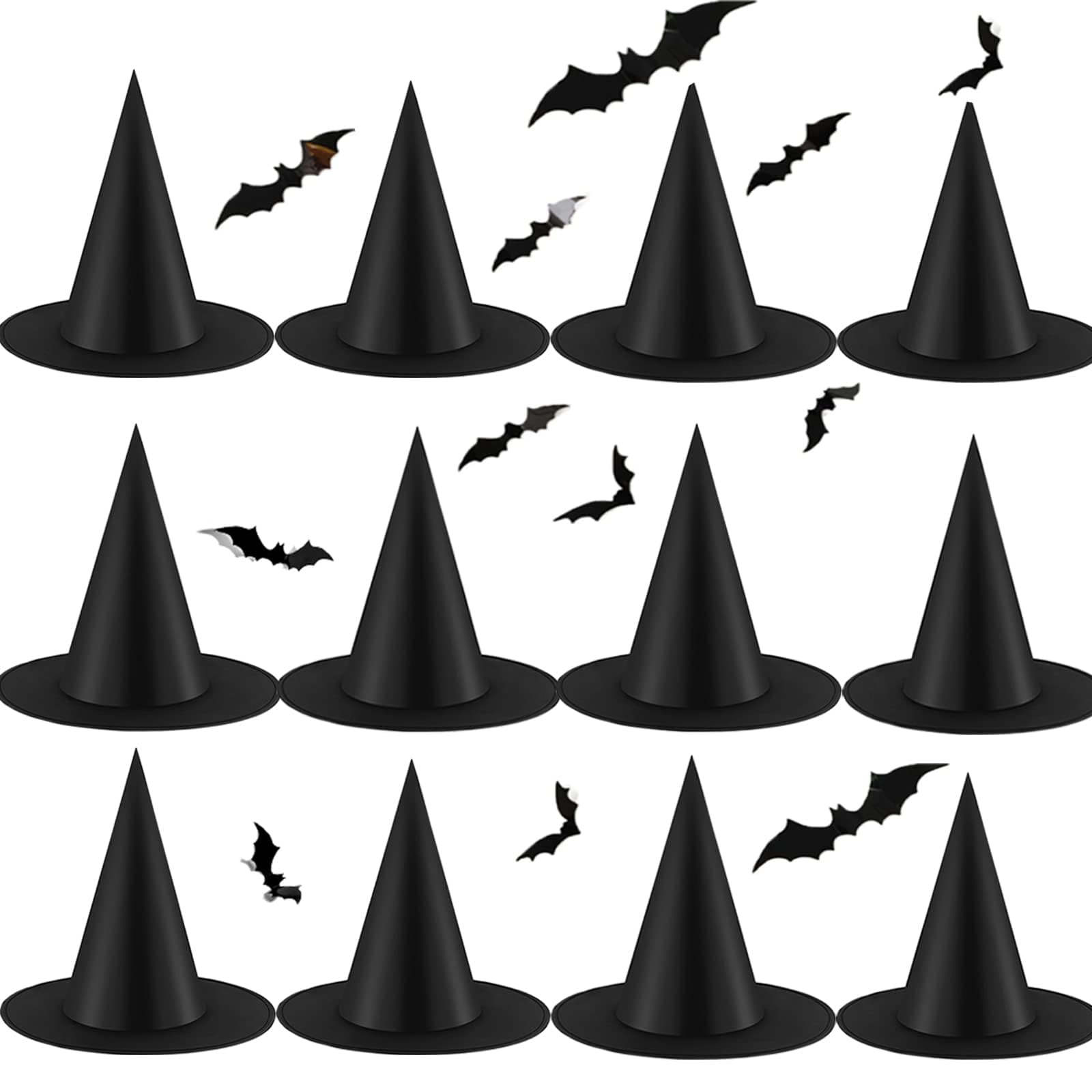 Tmflexe 12pcs Halloween Witch Hats + 12pcs 3D Bats Stickers - Costume Accessories for Parties, Cosplay, Carnivals, Holidays