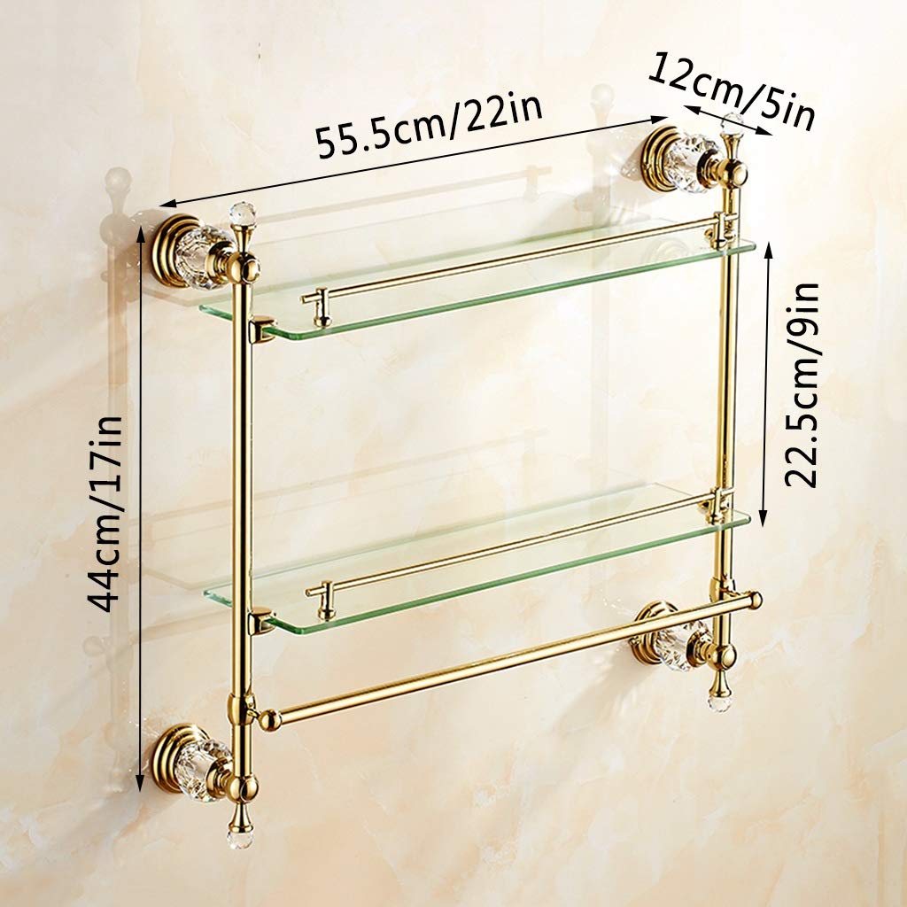 Floating Shelves Double Glass Shelf,Antique Shower Room Kitchen Storage Rack,Durable,Convenient to Clean The Bath Towel Rack (Color : Gold)