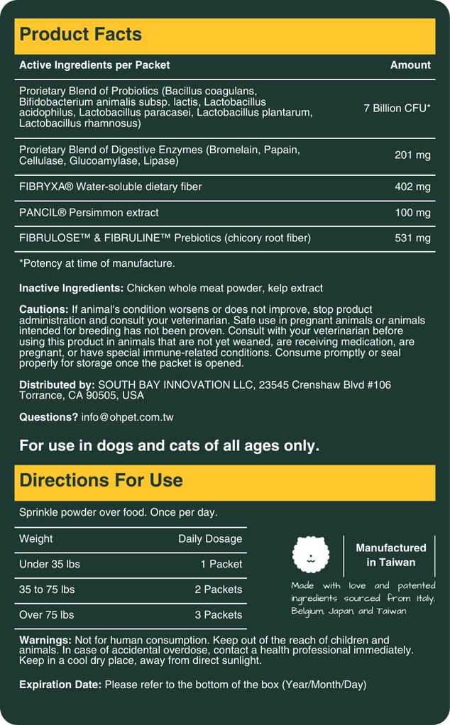 Oh!Pet 5-in-1 Digestive Probiotics Powder for Dogs & Cats - 7 Billion CFUs, Prebiotics, Digestive Enzymes & Dietary Fiber - 30 Packets (Chicken)