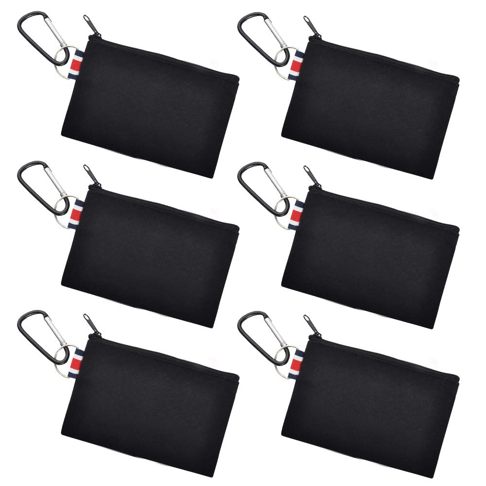 Muka 6 Pack Cotton Canvas Bag with Carabiner 6 x 4 Inches Id Holder Black Zipper Bag