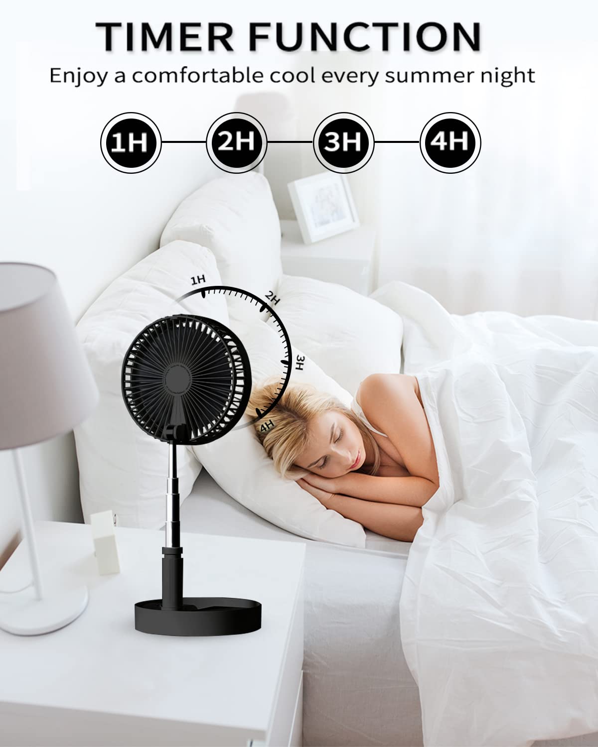 UN UNITEDTIME Desk Portable fan, My Foldaway Travel fan with remote Control Timer, Battery Operated or USB Powered,Adjustable Height Portable fan, 4 Speed Settings (Black)