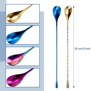 4 Pieces Cocktail Spoon Bar Stirring Spoon Long Handle Stainless Steel Spiral Pattern Cocktail Mixing Shaker Spoon, 12 Inch, 4 Colors (Multicolor, Blue, Purple, Champagne)