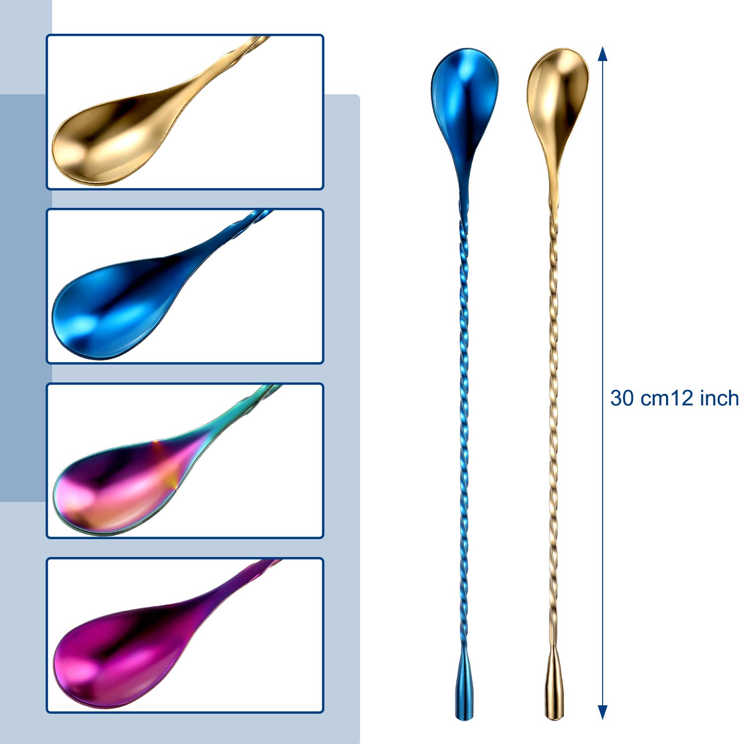 4 Pieces Cocktail Spoon Bar Stirring Spoon Long Handle Stainless Steel Spiral Pattern Cocktail Mixing Shaker Spoon, 12 Inch, 4 Colors (Multicolor, Blue, Purple, Champagne)