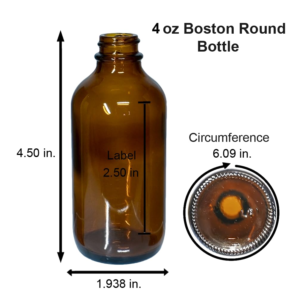 GlassBottleOutlet (Pack of 24) 4 oz. Amber Boston Round with Black Poly Cap