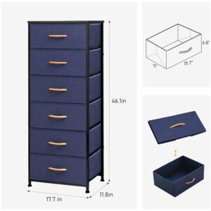 Pellebant Dresser for Bedroom with 6 Drawers, Tall Dresser Vertical Storage Tower, Sturdy Metal Frame, Fabric Storage Bins with Wooden Handle and Wooden Top, Organizer Unit for Closet/Hallway, Blue