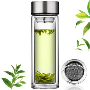 paracity glass tea infuser bottle tea flood cup 12oz/350ml, double wall borosilicate portable travel tumbler mug leakproof for loose leaf flower herbal tea bags