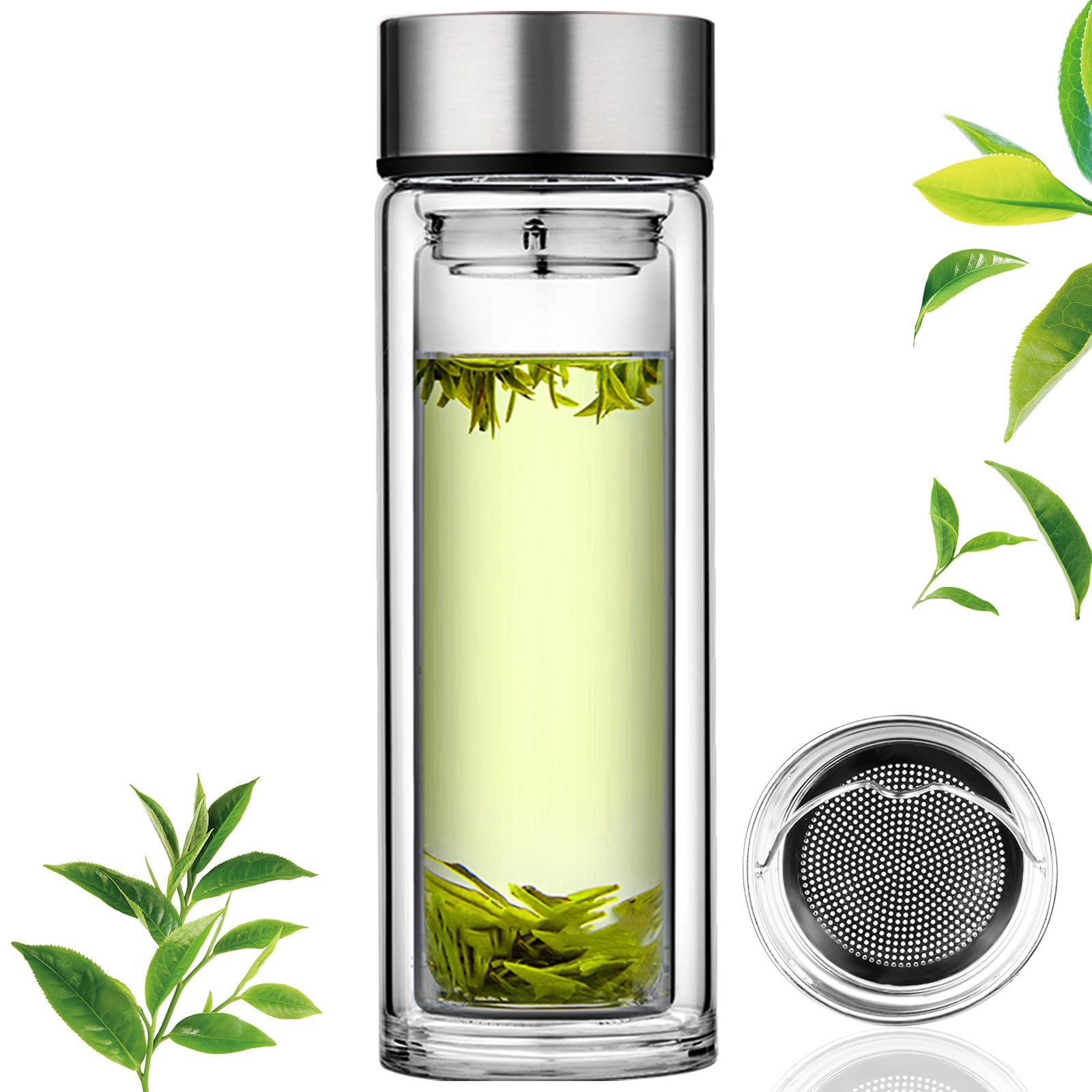 PARACITY Glass Tea Infuser Bottle Tea Flood Cup 12oz/350ml, Double Wall Borosilicate Portable Travel Tumbler Mug Leakproof for Loose Leaf Flower Herbal Tea Bags