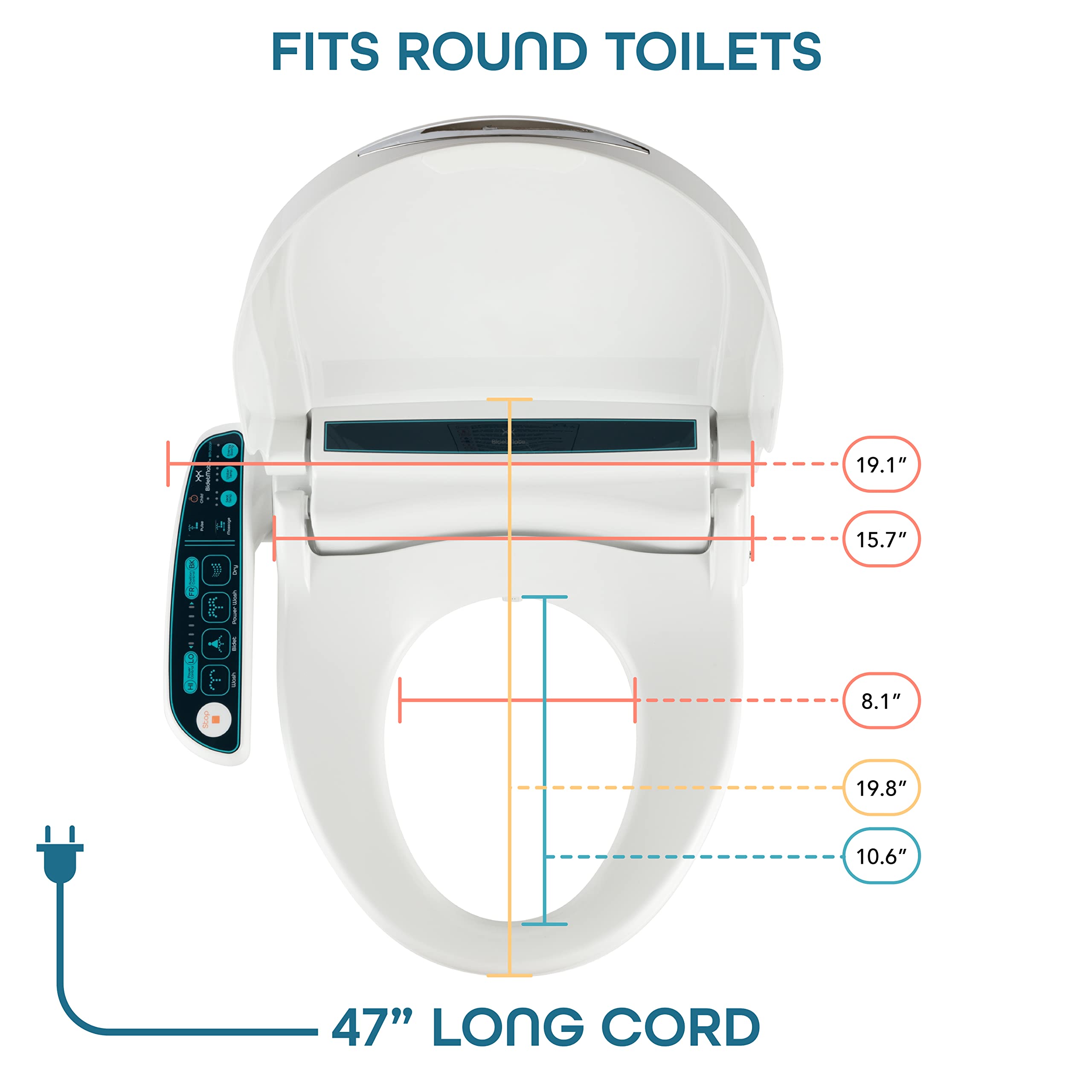 BidetMate 2000 Series Heated Bidet Japanese Toilet Seat with Unlimited Water, Side Control Panel, Deodorizer, and Warm Air Dryer - Adjustable Self-Cleaning - Shape of Bidet Round