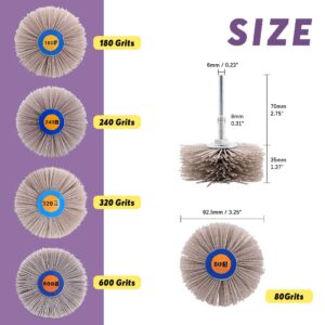 Swpeet 5Pcs 5 Sizes 80# 180# 240# 320# 600# Nylon Wheel Brush Abrasive Grinding Head with 6mm Threaded Shank Assortment Kit, Sanding Mop Abrasive Wheel for Polishing Removing Rust and Painting