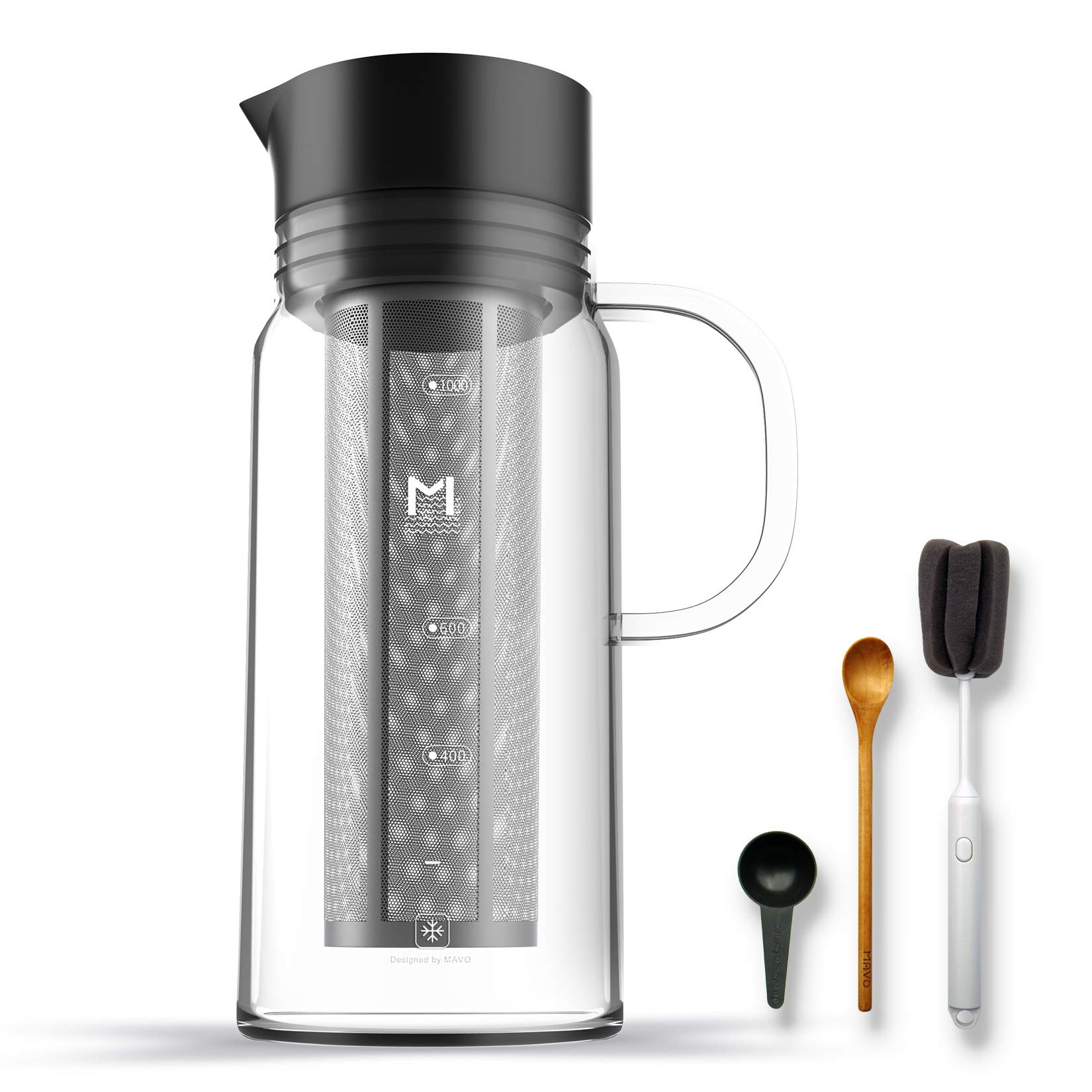 MAVOCOFFEE Cold Brew Coffee Maker, 34oz/1L Iced Coffee Pitcher with Removable Stainless Steel Filter, Glass Cold Brew Pitcher for Homemade Iced Coffee, Ice Tea