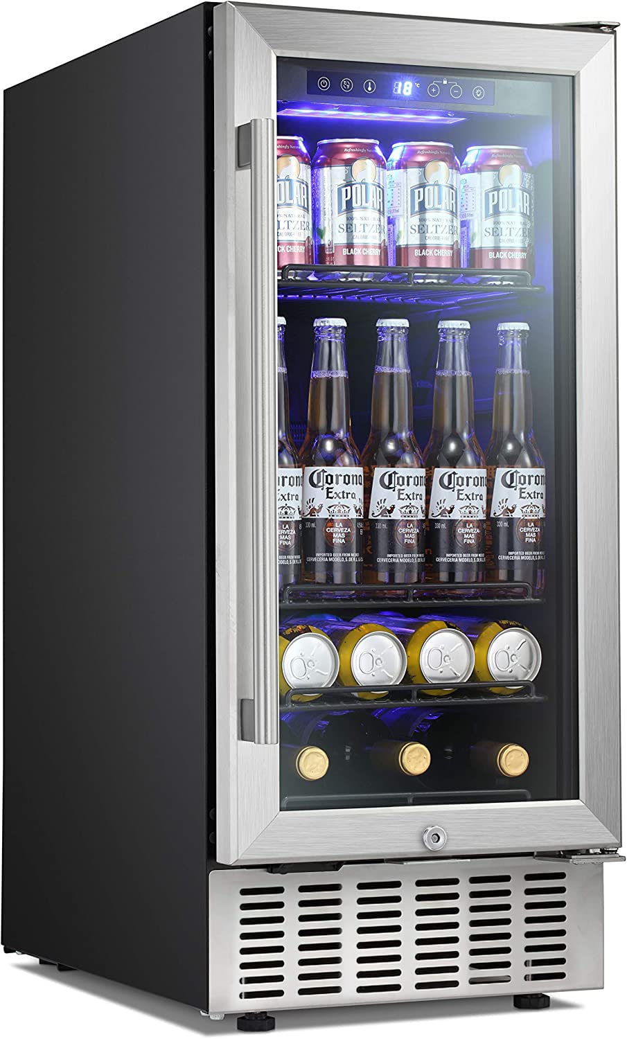 Antarctic Star 15 Inch Beverage Refrigerator Under Counter Built-in Wine Cooler Mini Fridge Clear Glass Door Digital Memory Temperature Control, Beer Soda LED Light, Quiet Operation (15 Inch)