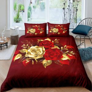 feelyou rose comforter cover set for woman adults rose floral print duvet cover romantic flowers pattern bedding set valentine's day quilt cover,room decor 3pcs bedding queen size,red