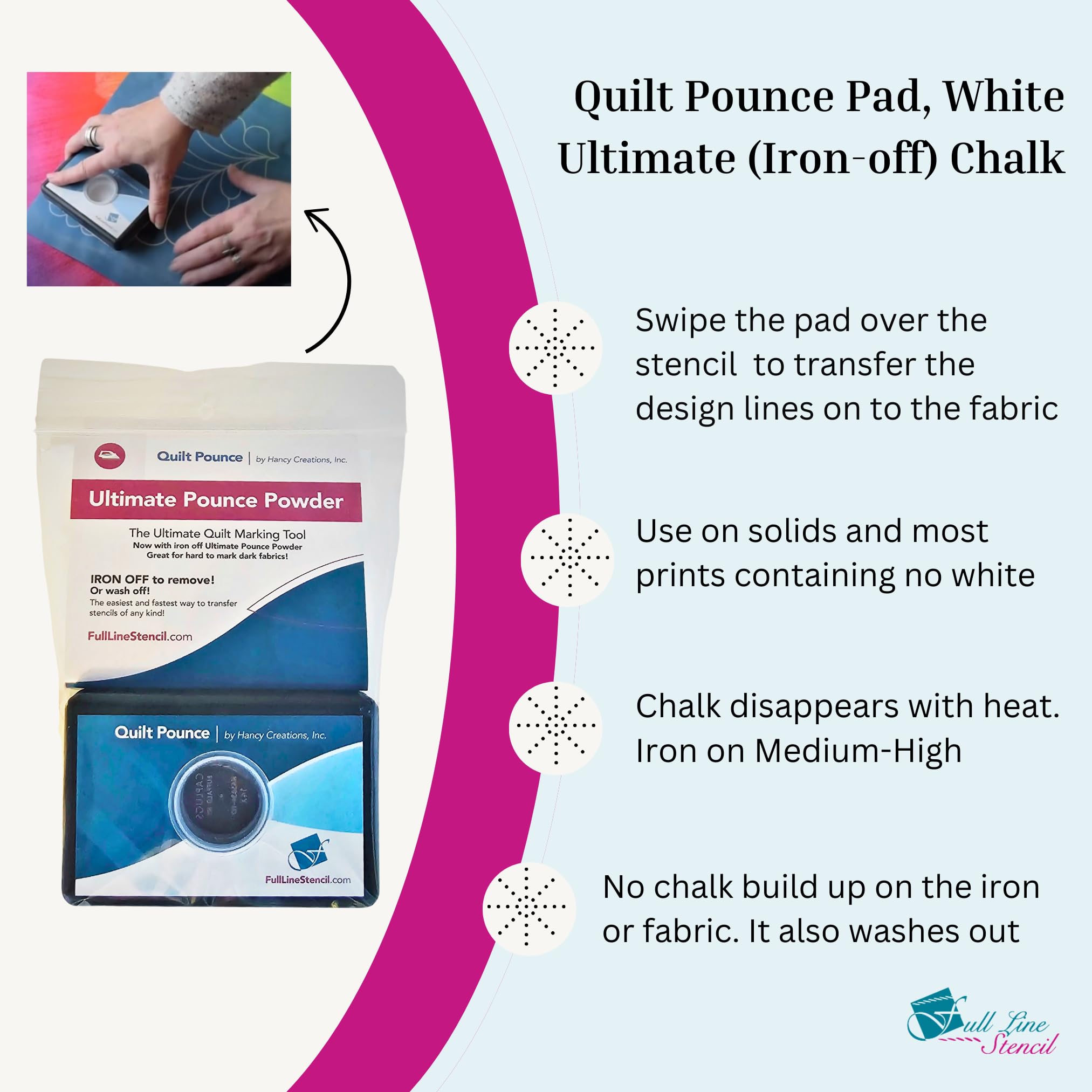 Full Line Stencil - Ultimate Quilt Pounce Pad with Refillable Iron-Off Chalk Powder, for Design Transfer and Fabric Marking Using Quilting Stencils – 2 oz White Chalk Included (QPU)