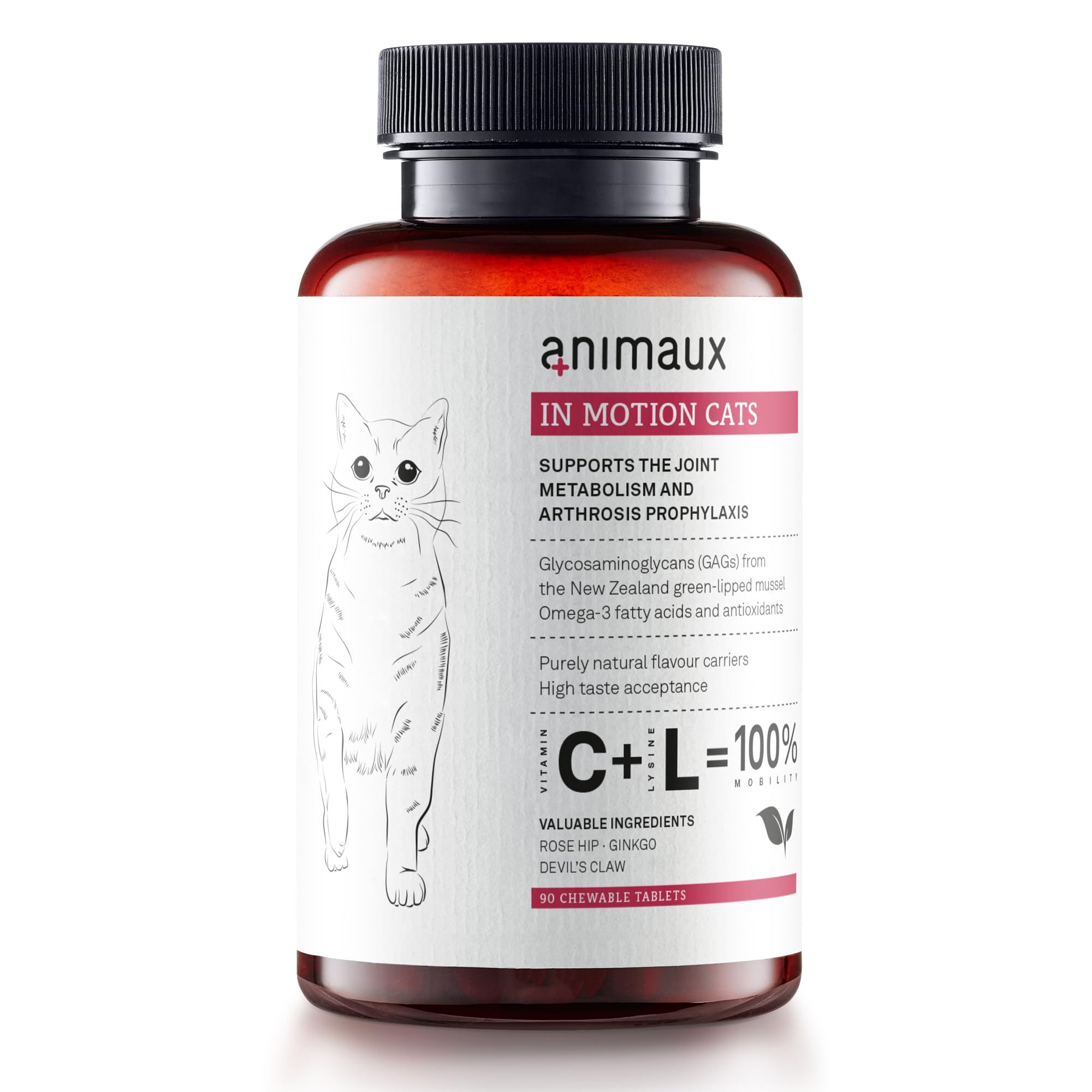 animaux - in Motion Cats, Green-lipped Mussel, Devil's Claw, Rose Hip & Ginkgo, Support for Bones, Joints, Cartilage, tendons, with Hyaluron, Collagen, 90 chewable Tablets, 90 Days Supply