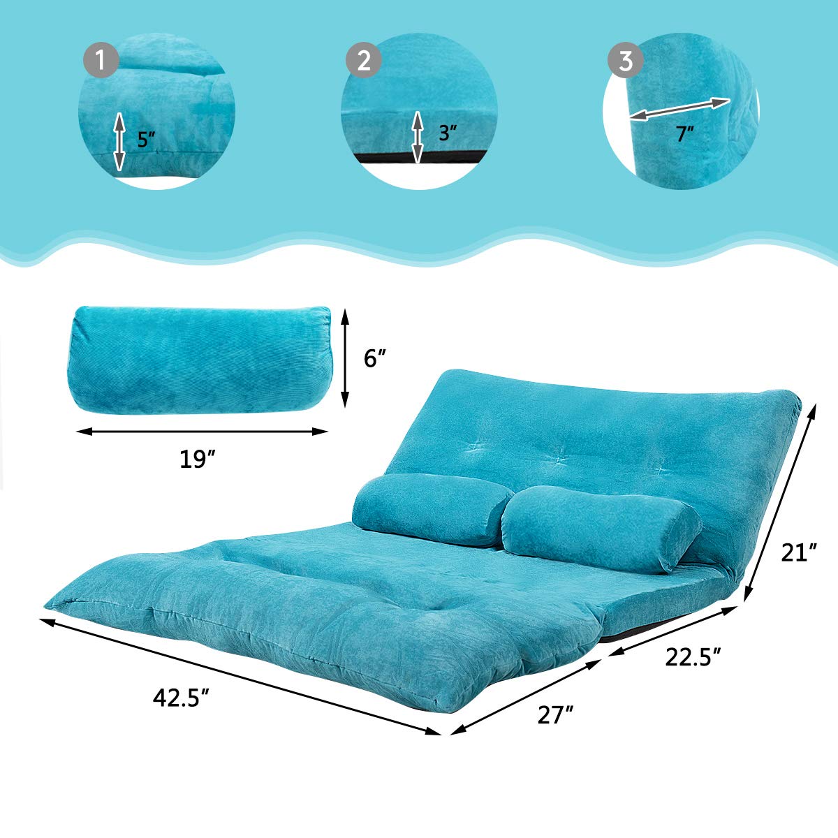 Giantex Adjustable Floor Sofa Couch with 2 Pillows, Multi-Functional 6-Position Foldable Lazy Sofa Sleeper Bed, Multi-Functional Suede Floor Seating Sofa for Reading Gaming (Blue)