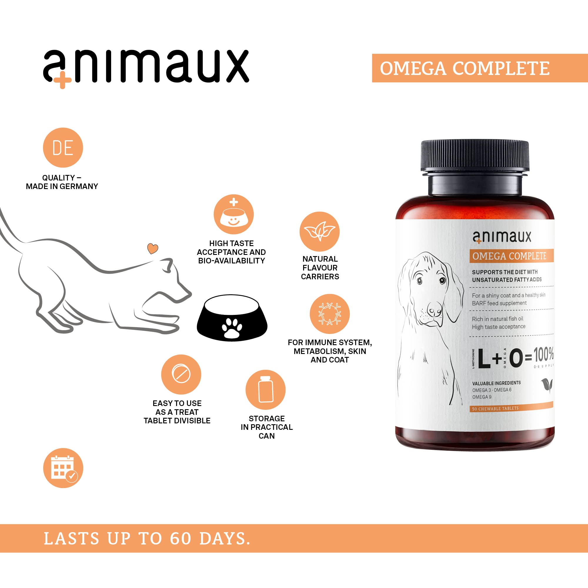 animaux - Omega Complete for Dogs Fish Oil Tablets, Omega 3,6 & 9 Fatty acids to Support Vitality, Bone Structure, Barf Supplement, Salmon Oil for Skin & Coat, 50 chewable Tablets, 100 Days Supply