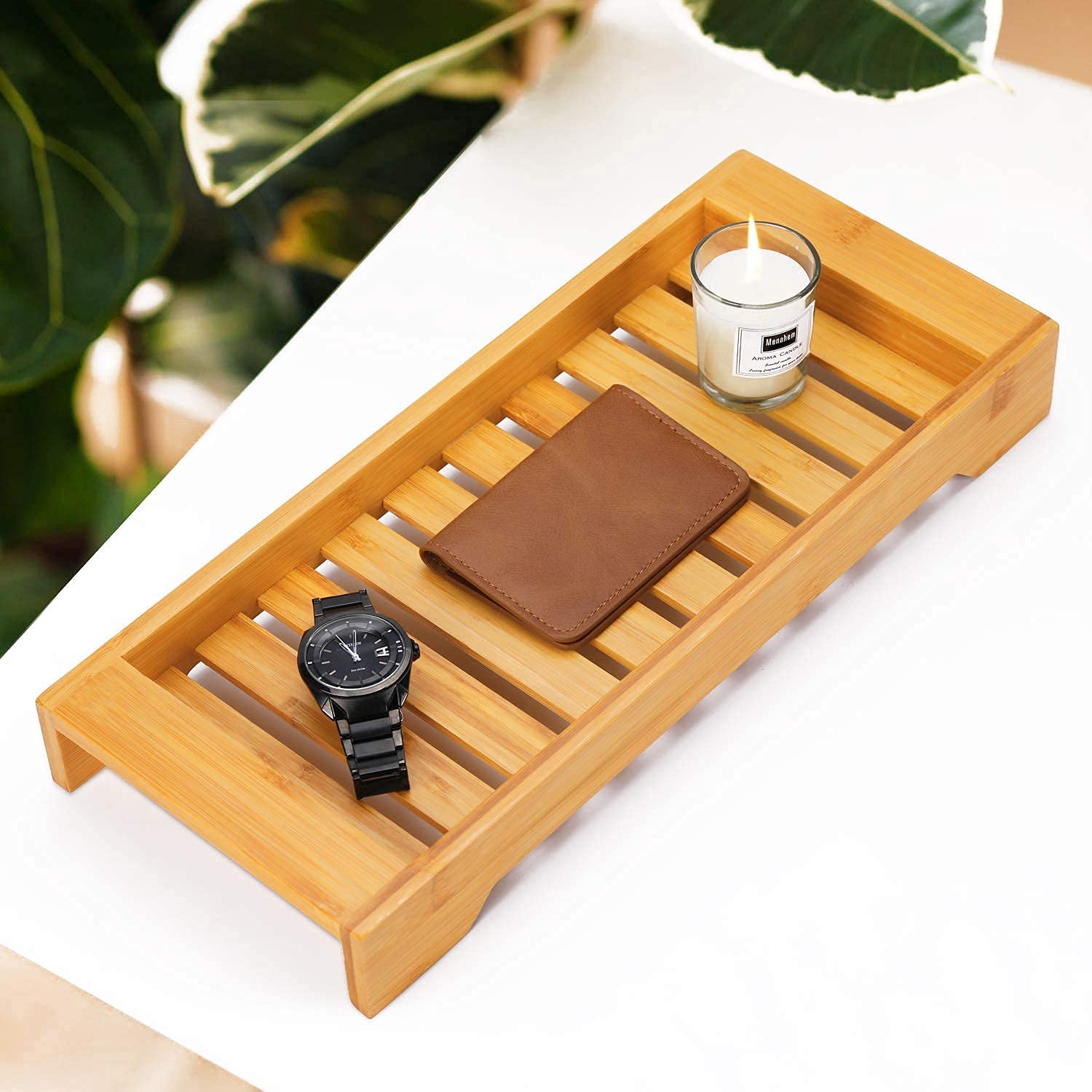 MaxGear Wood Bathroom Tray, Toilet Tray Decor Bamboo Bathroom Tray Toilet Topper Toilet Tank Storage Vanity Organizer Countertop for Soap, Towel, Tissue, Candle, Plant,15.75 × 6.5 × 1.97 inch