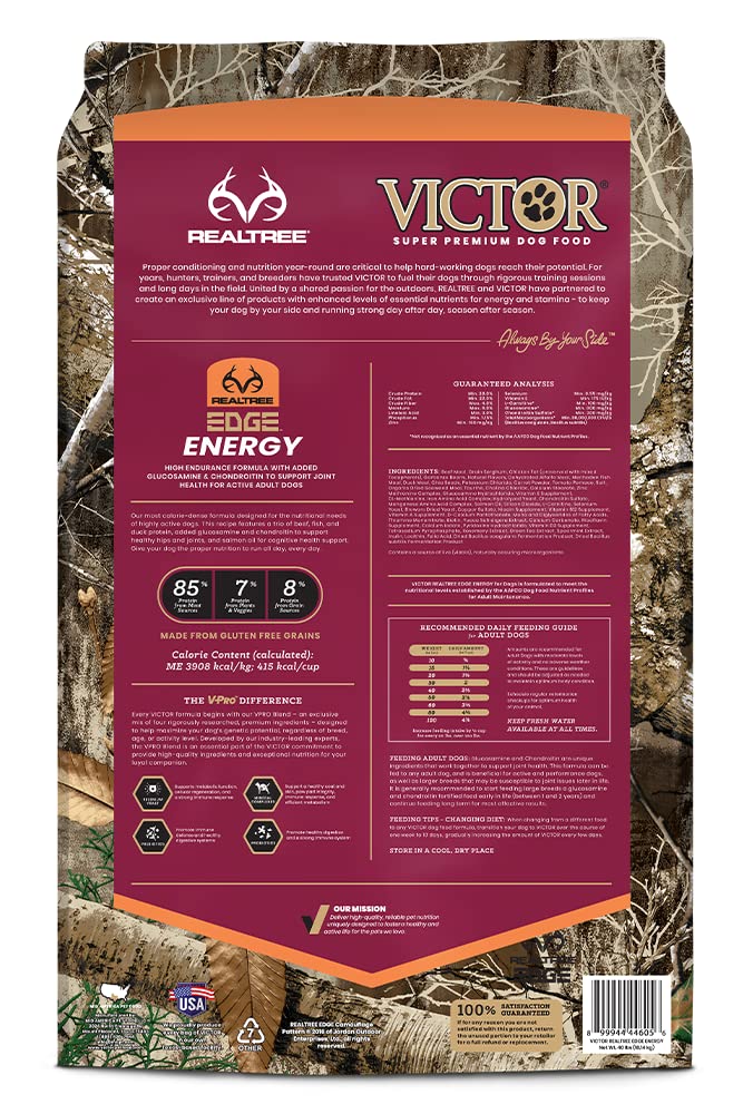 Victor Super Premium Dog Food – Realtree Edge Energy Dry Dog Food for Highly Active Dogs – Gluten Free Dog Food with Glucosamine and Chondroitin for Hip and Joint Health, 40 Lb