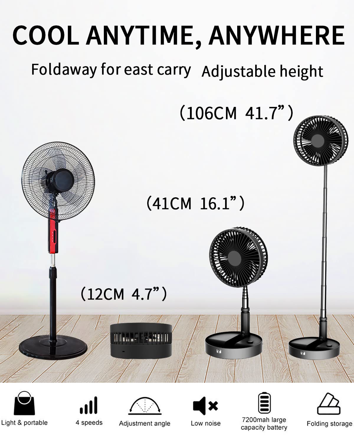 UN UNITEDTIME Desk Portable fan, My Foldaway Travel fan with remote Control Timer, Battery Operated or USB Powered,Adjustable Height Portable fan, 4 Speed Settings (Black)