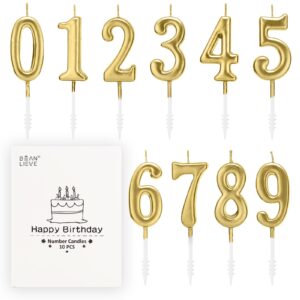 beanlieve 10-pieces numeral birthday candles - cake numeric candles number 0 1 2 3 4 5 6 7 8 9,used for cake decoration on birthday parties and wedding anniversary celebrations(champagne gold)